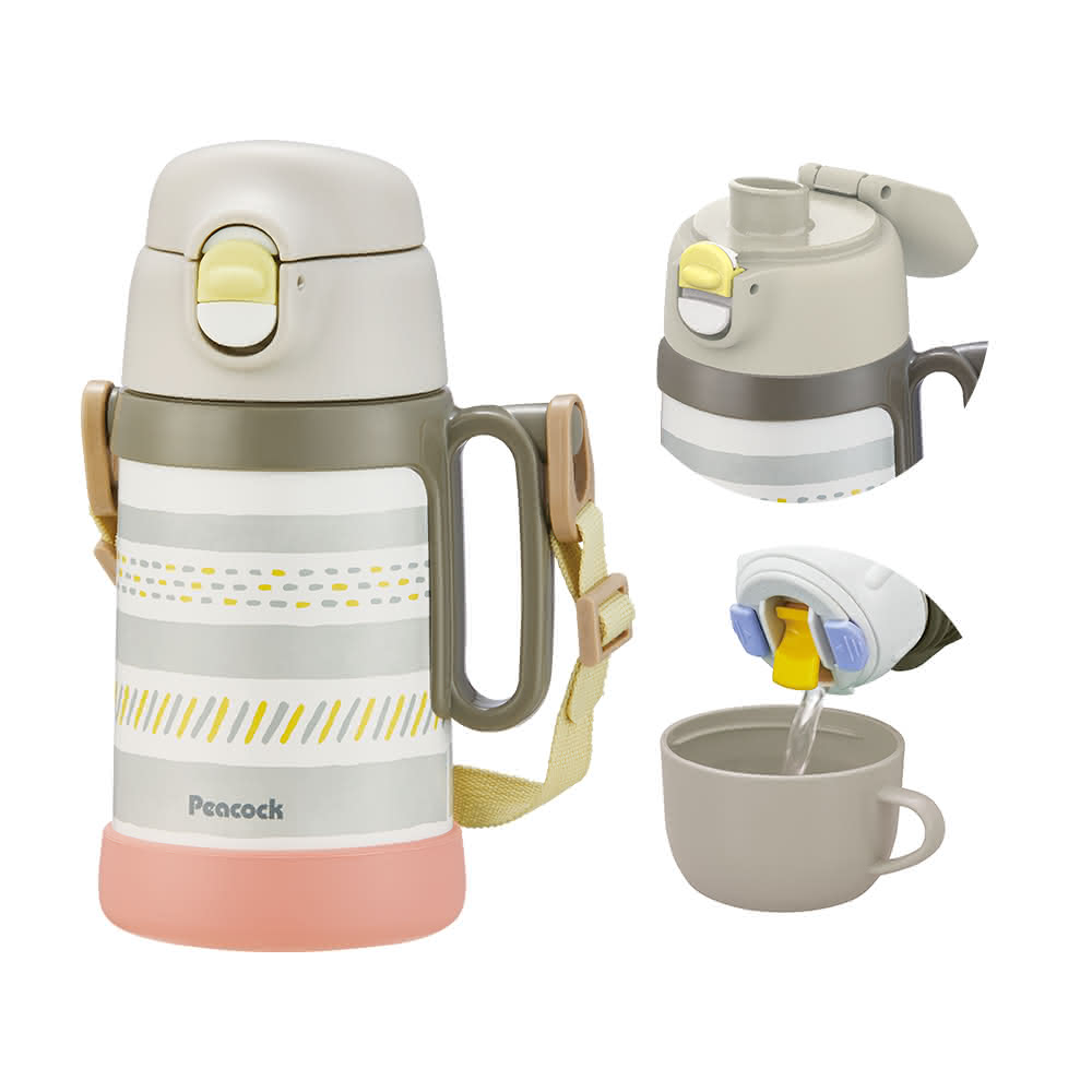 【Peacock 日本孔雀】藝術家 耐衝擊底座 直飲+水杯兩用 兒童不鏽鋼保溫杯水壺490ML-灰 握把+背帶 (保溫瓶) - momo購物 - 2024年09月