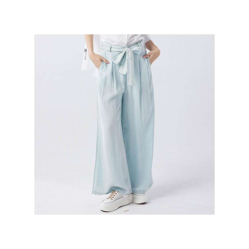 【Qiruo 奇若名品】春夏專櫃水藍色寬褲2067C 布料滑順蝴蝶結(M-XL) - momo購物 - 2024年09月