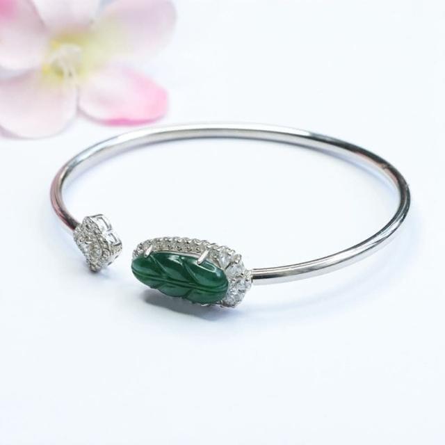 【Paiya 派亞】S925銀鑲冰種翡翠葉子手镯帝王綠開口镯子手環玉石