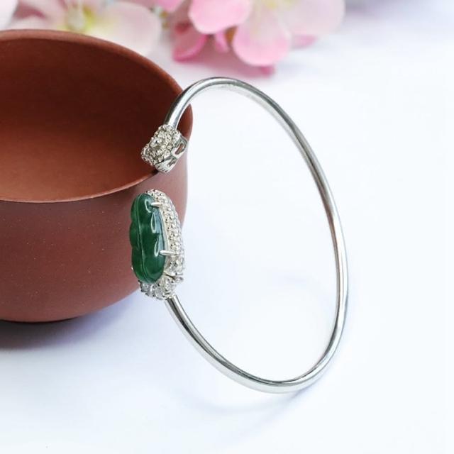 【Paiya 派亞】S925銀鑲冰種翡翠葉子手镯帝王綠開口镯子手環玉石