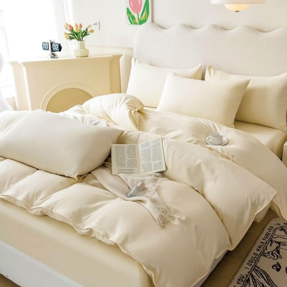 【Yatin 亞汀】高質感無印風 TENCELx3M吸濕排汗 素色天絲床包被套組 淡奶昔(單人/雙人/加大 台灣製 可水洗)