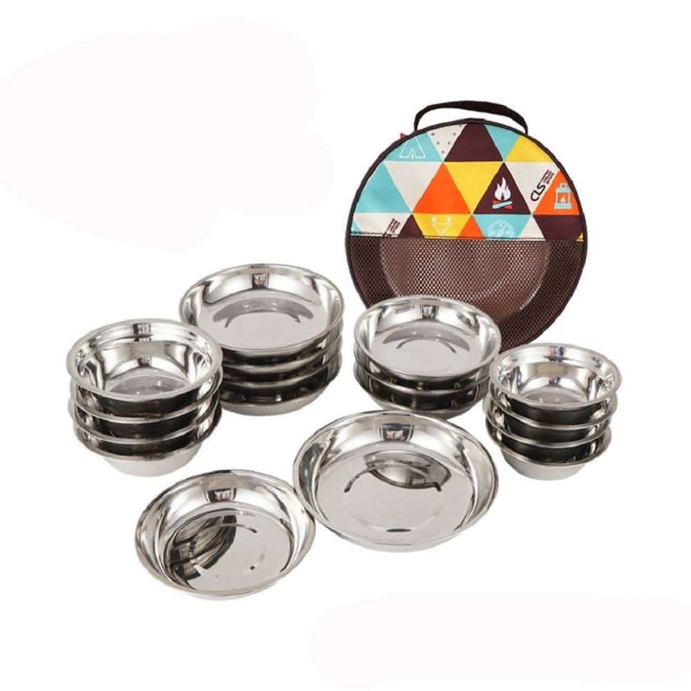 【Chill Outdoor】CLS 不鏽鋼露營碗盤 豪華17件套組(餐碗 餐具 食物盤 露營餐具 不鏽鋼餐具 碗盤組 鐵盤)