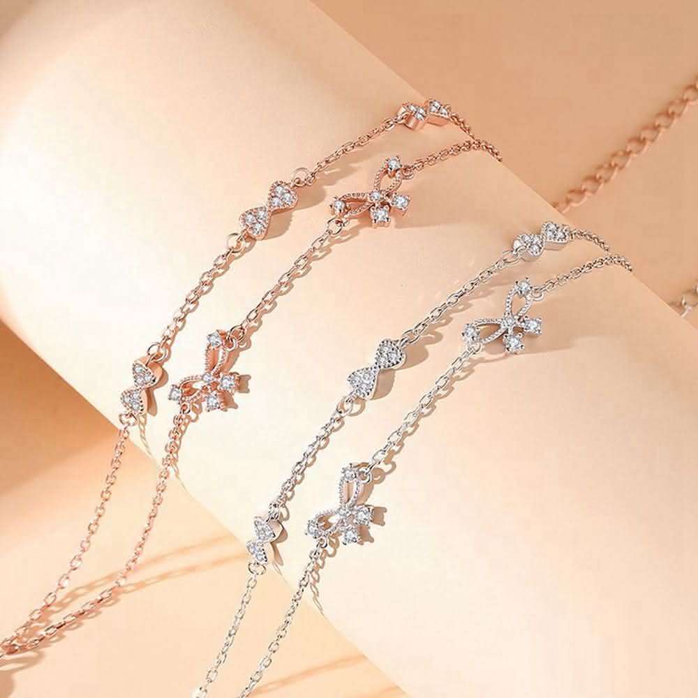 【Porabella】925純銀蝴蝶結雙層手鍊 雙層鋯石手鍊 簡約ins風 甜美可愛 送女友 銀飾 Bracelets