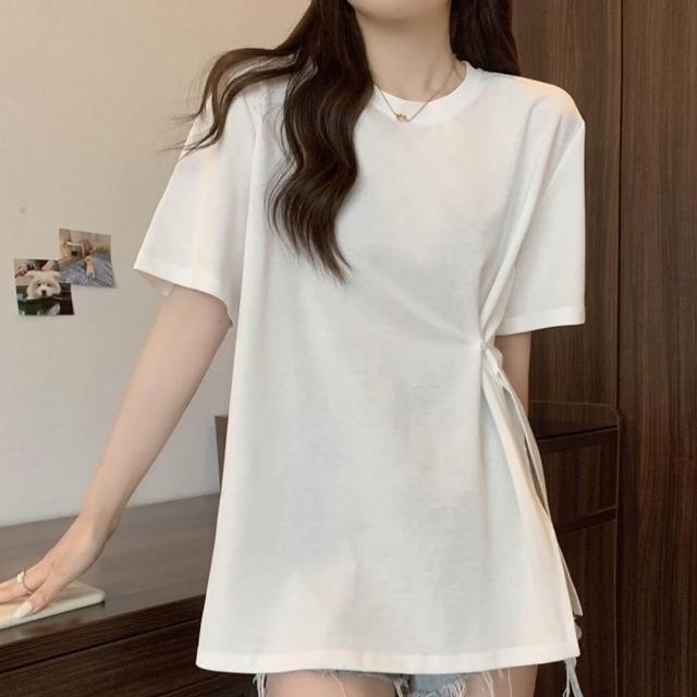 【Paiya 派亞】大碼女裝胖mm夏裝設計感開叉短袖T恤衫韓版寬松遮肚子別致上衣(M-4XL)