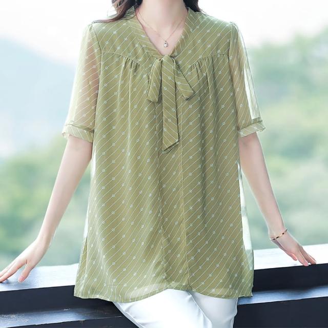 【麗質達人】8053綠色印花綁帶上衣LY(L-5XL)