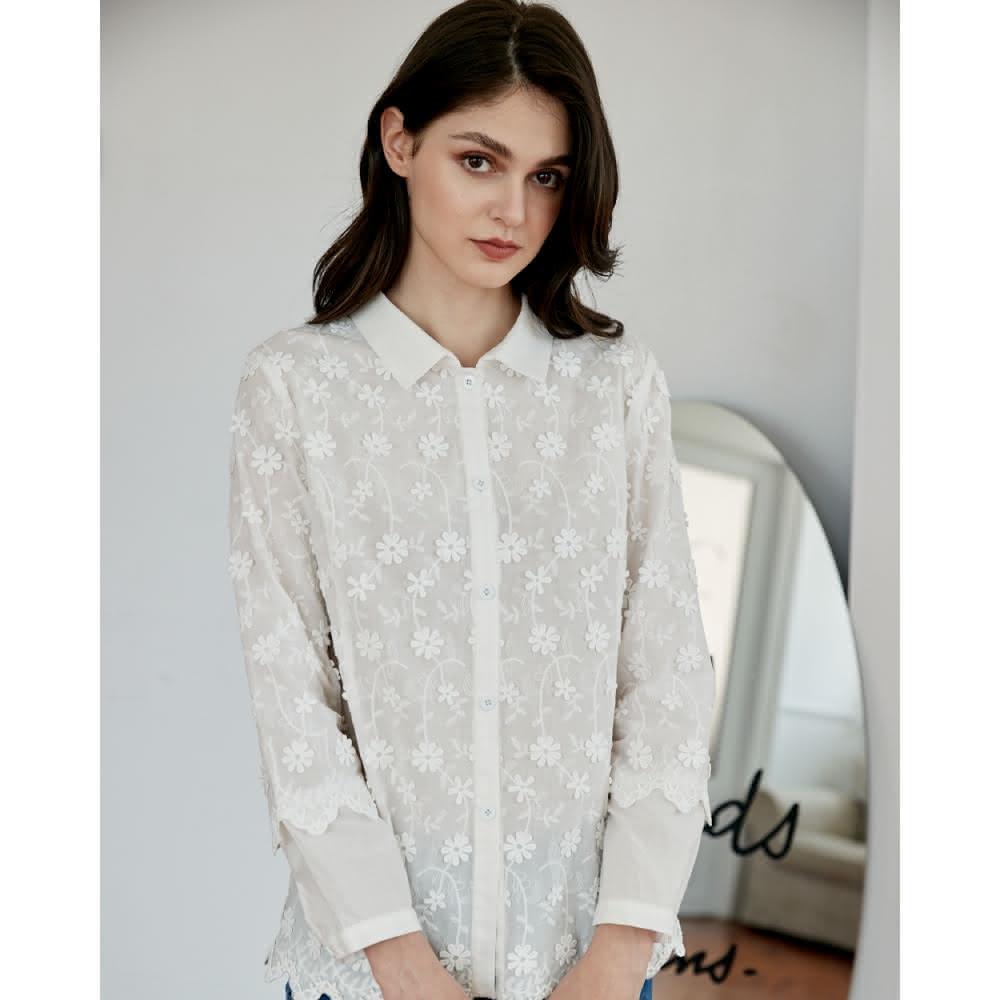 【Deep Red】深紅 591011 女性純棉繡花長袖襯衫