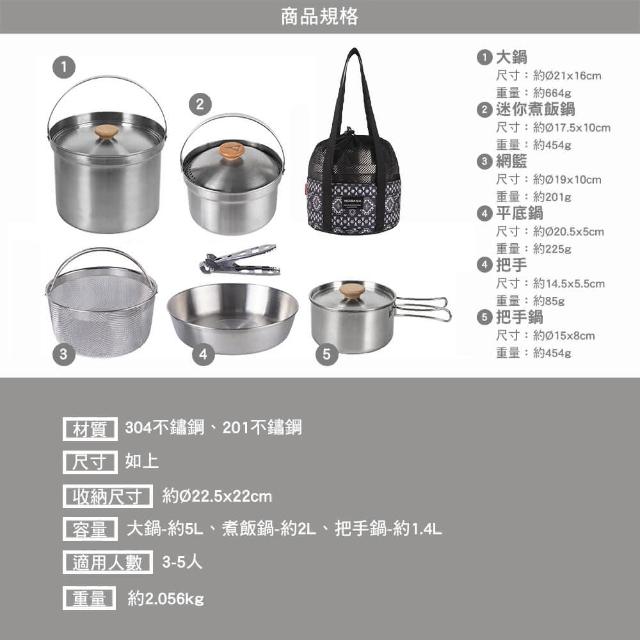 CLS NOBANA 304不鏽鋼套鍋 五件組套鍋 可拆式 不鏽鋼 露營 逐露天下