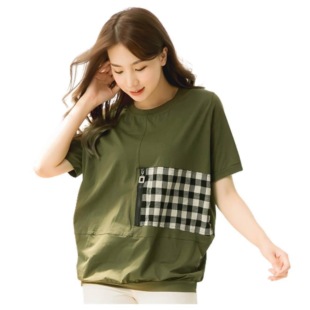 【lingling】中大尺碼-素色拼接拉鍊格紋短袖上衣 女裝女上衣(PA4214-質感軍綠) - momo購物 - 2024年09月