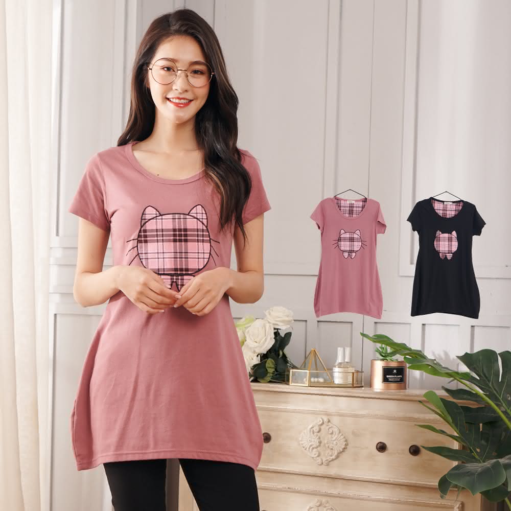 【衣心衣意】現貨MIT-韓感寬鬆可愛貓咪長版上衣(黑色 紅色A2142)