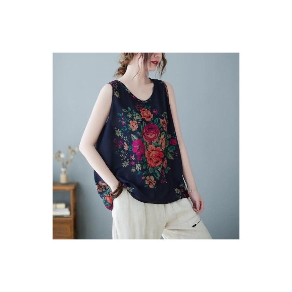 【AKARA】AKARA 中大尺碼 SCL嚴選 女裝 典雅油畫彩花無袖背心上衣