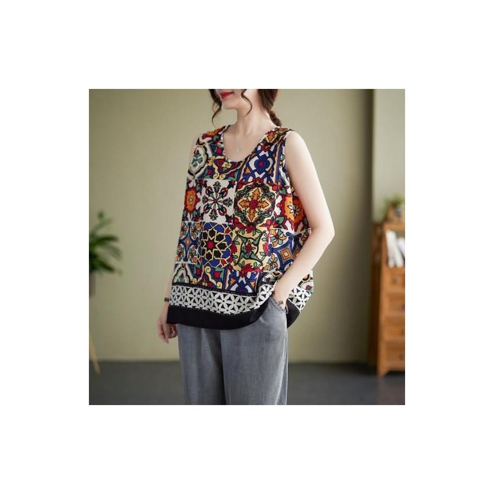 【AKARA】AKARA 中大尺碼 SCL嚴選 女裝夏夜華麗拼彩無袖背心上衣