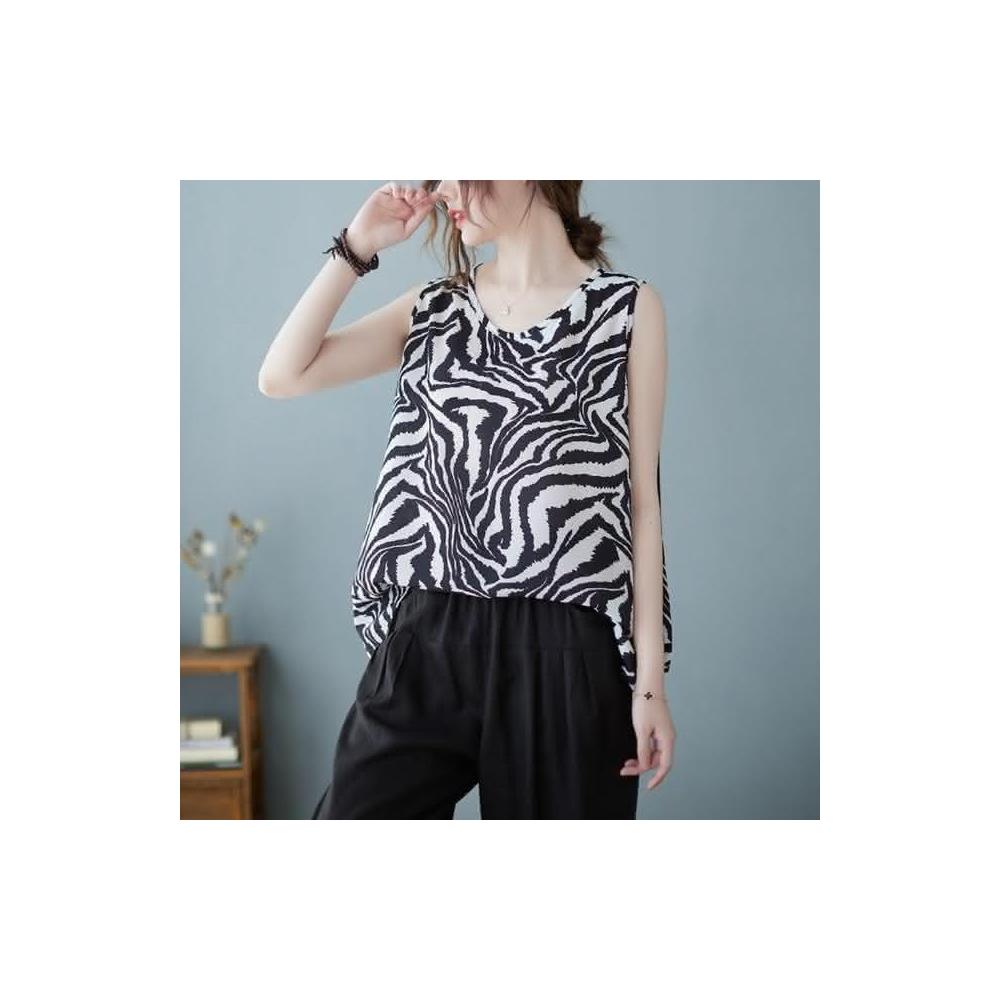 【AKARA】AKARA 中大尺碼 SCL嚴選 女裝時尚都會風動物紋無袖背心上衣