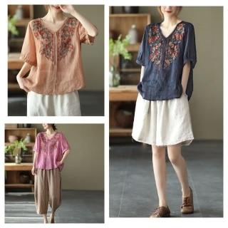 【SCL 南加州丹寧】SCL 南加州丹寧 饒富花季盛開領涼快棉麻上衣