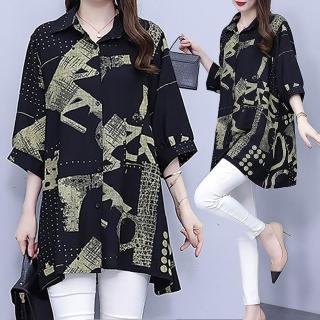 【麗質達人】2113黑黃印花襯杉-LY (L-5XL)