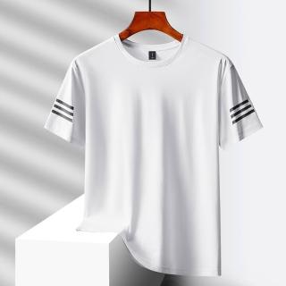 L-8XL大碼三條杠冰絲T恤男夏季短袖速干透氣運動休閑大碼肥佬短袖T恤圓領t恤