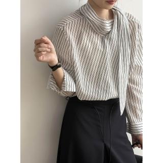 M SELECT 2025春夏新款 法式質感飄帶條紋襯衫 名媛氣質百搭OL長袖上衣 通勤微透感襯衫