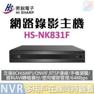 HS昇銳 8路600萬 NVR網路錄影主機 HS-NK831F(8CH 6MP)
