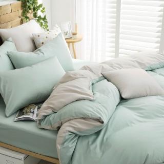 【OLIVIA 寢具】OLIVIA BASIC3櫻草綠X淺米灰 300織長絨棉 雙人加大床包兩用被套組 台灣製(300織長絨棉)