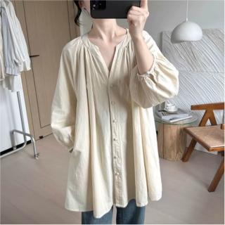 M SELECT 2025春夏新款 小清新氣質純色中長版V領襯衫 簡約復古燈籠袖慵懶風寬鬆顯瘦長袖襯衫