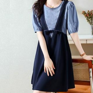 【麗質達人】6837藍色假二件洋裝-LY (L-5XL)