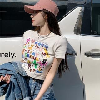 【JDUDS】新款夏季小眾修身ins塗鴉女T恤辣妹短版印花短袖 拼貼 拼接 卡通 圓領 顯瘦 短袖 上衣 上著 夏裝短版上衣 修身性感