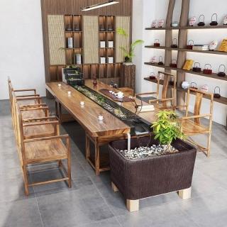 新中式迴圈流水養魚茶桌創意茶臺景觀一體曲水流觴實木茶桌椅組合