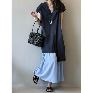 【M select】2025夏季新款 設計感不對稱V領上衣＋背心洋裝套組 OL懶人穿搭氣質套裝裙