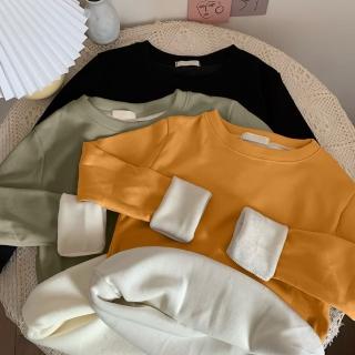 【D.studio】韓版內刷毛保暖素色長袖上衣女裝 衣服 寬鬆上衣 顯瘦上衣 長袖t恤 冬裝 發熱衣 W21