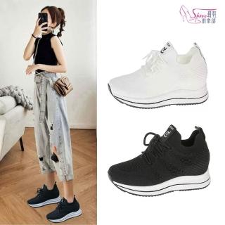 【ShoesClub 鞋鞋俱樂部】素面款透氣柔軟懶人套式休閒鞋 小白鞋 內增高鞋 女鞋 黑/白 023-FST05 (現貨+預購）