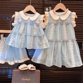 【Arbea】韓版女孩甜美純色娃娃領套裝夏季新款時尚洋氣蕾絲飛袖連身裙及套裝 C985