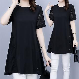 【麗質達人】982黑色蕾絲拼接短袖假二件上衣LY(L-5XL)
