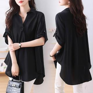 【麗質達人】6824黑色V領長版上衣-LY (L-5XL)