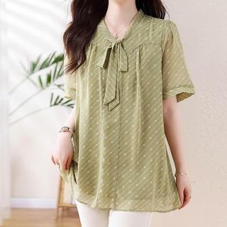 【麗質達人】8041綠色印花綁帶上衣-LY (L-5XL)