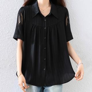 【麗質達人】8541黑色開釦翻領上衣-LY (L-5XL)