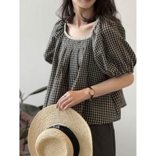 M SELECT 2025夏季新款 法式小清新格紋襯衫 方領蕾絲拼接短袖上衣 寬鬆娃娃衫 咖啡廳穿搭推薦