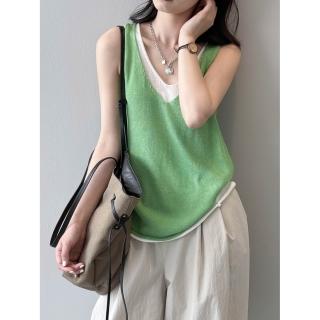 M SELECT 2025夏季新款 懶人穿搭撞色針織背心 V領假兩件坎肩 顯瘦百搭打底上衣