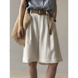 【M select】2025夏季新款 文青質感純亞麻五分褲 高腰顯瘦A字版型 含腰帶寬鬆休閒短褲