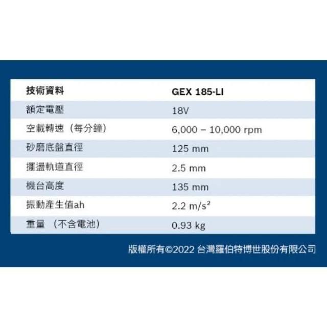 【BOSCH 博世】台北益昌 台灣公司貨 BOSCH GEX 185-LI無刷 18V 鋰電充電5 偏心 砂紙機 空機