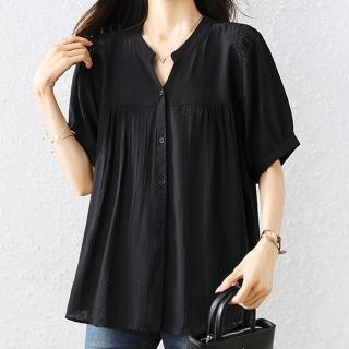 【麗質達人】8546黑色V領短袖上衣-LY (L-5XL)