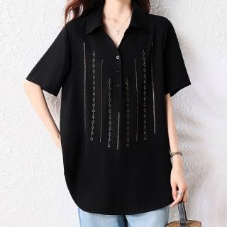 【麗質達人】6592黑色翻領短袖上衣-LY (L-5XL)