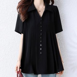 【麗質達人】6082黑色翻領短袖上衣-LY (L-5XL)