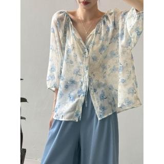 M SELECT 2025夏季新款 法式小清新碎花雪紡襯衫 V領綁帶七分袖上衣 韓系浪漫咖啡廳穿搭