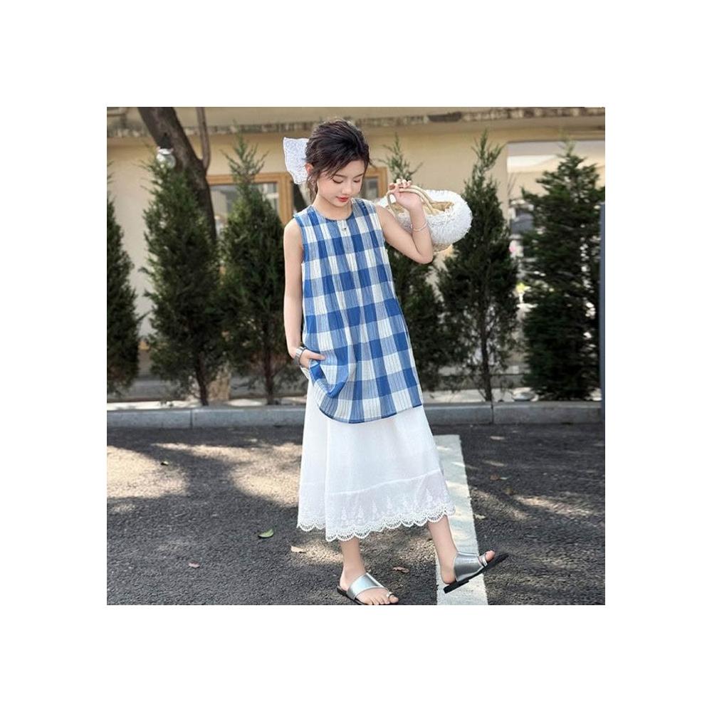 【Arbea】中大童120-170碼女童套裝夏裝新款中大童無袖韓版洋氣格子背心裙女孩甜美裙子【C1236】