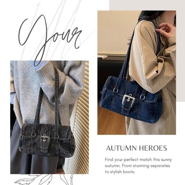 【Bliss BKK】復古金屬釦飾丹寧長型腋下包 單肩包 方形包 肩背包 (3色可選)