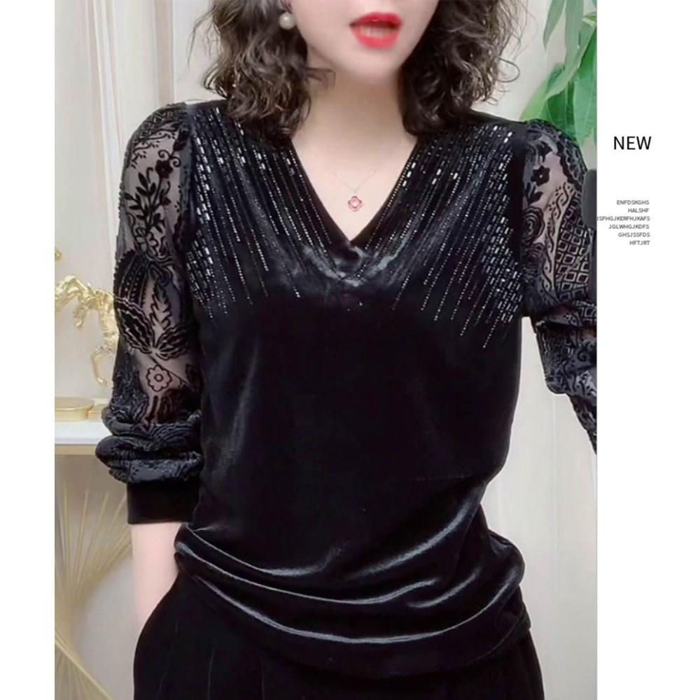 春秋打底衫絲絨長袖拼接領恤衫時尚中年女燙鉆襯衫上衣