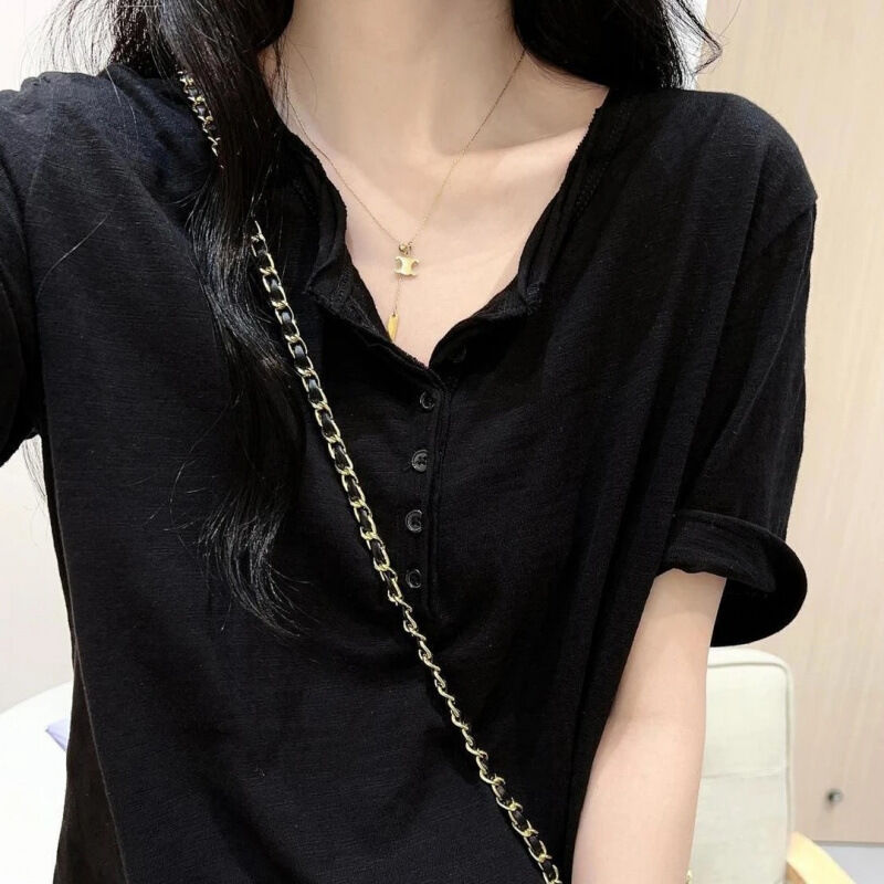 竹節棉大碼慵懶風卷邊寬松百搭T恤女夏季短袖設計感上衣廠家直銷 ef4