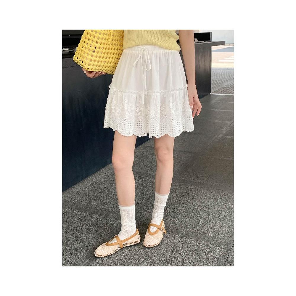 希妍 小白花 韓系風棉質刺繡彈力高腰系帶a字短袖半身裙女