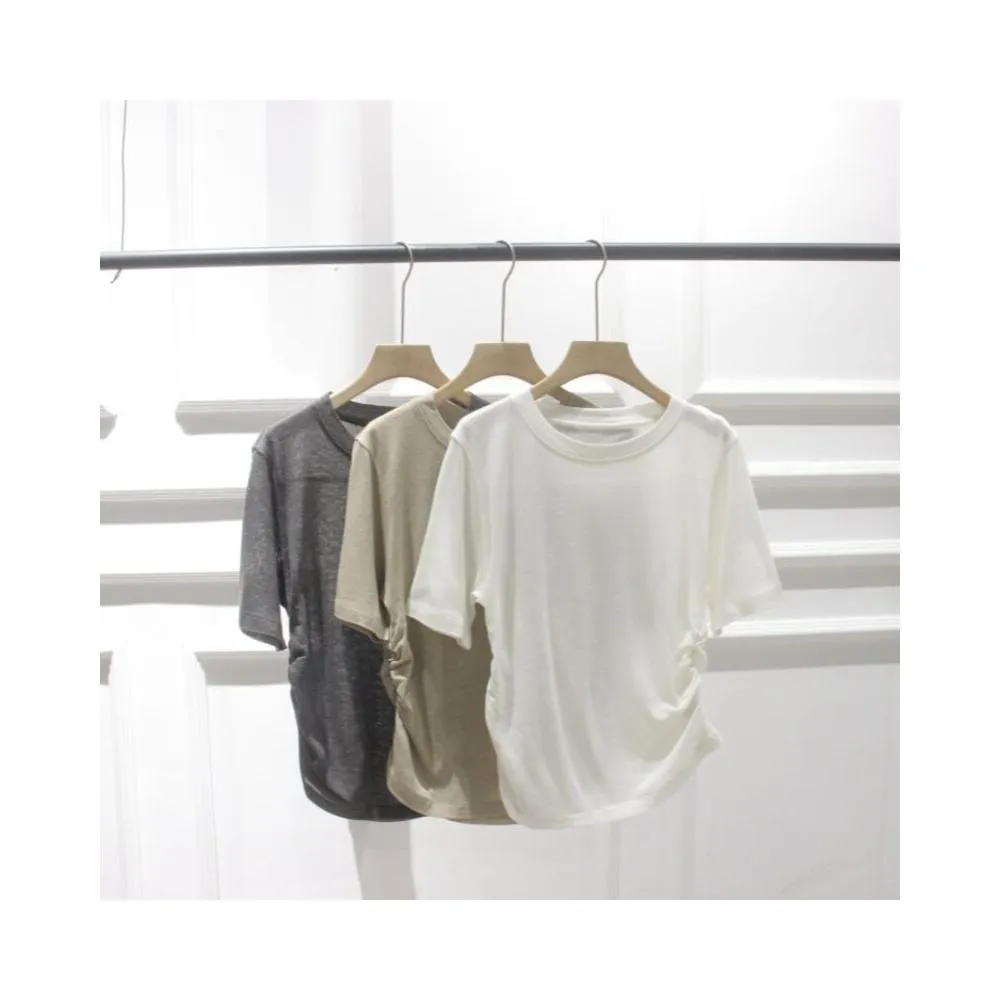 希妍 夏裝新款圓領正肩顯瘦褶皺天絲亞麻短袖T恤遮肚上衣女