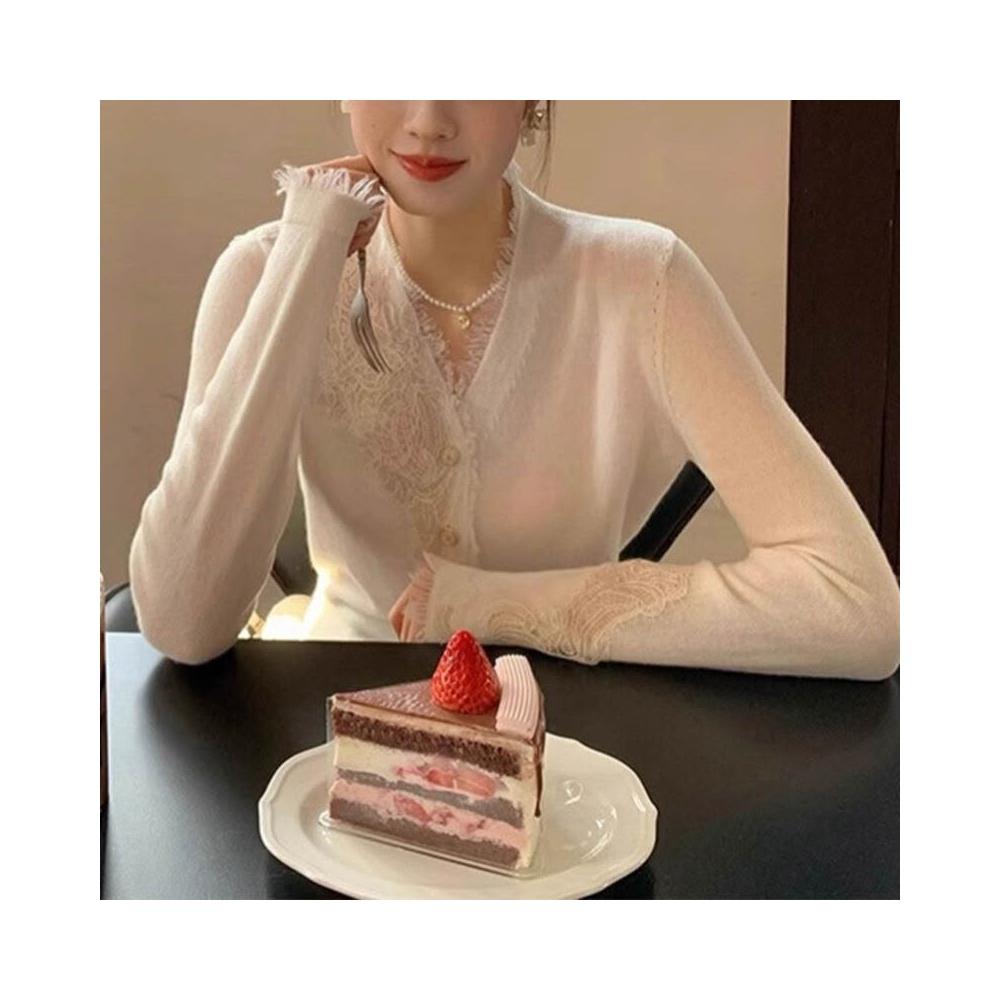 希妍 早秋白色v領蕾絲長袖針織衫開衫女秋冬季高級感內搭打底短款上衣