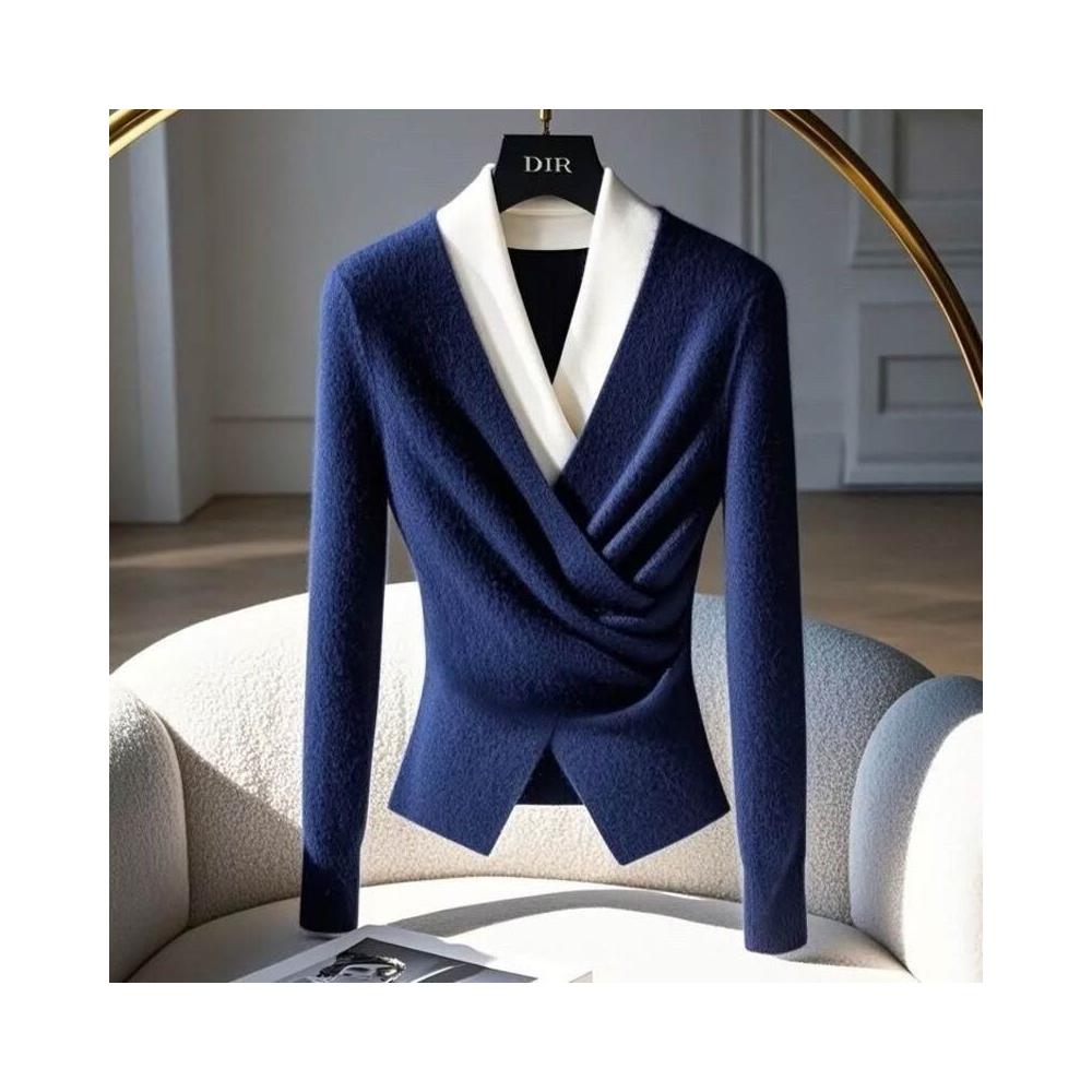 希妍 設計感小眾藍色假兩件針織衫女秋冬新款感超好看V領打底毛衣